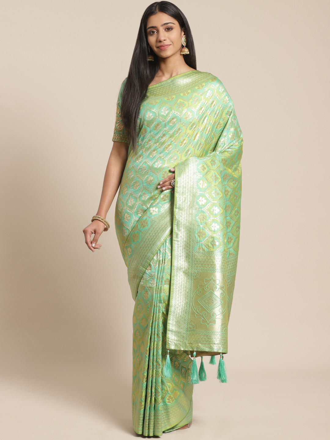 Buy MANOHARI Green & Golden Woven Design Banarasi Saree - Sarees for ...