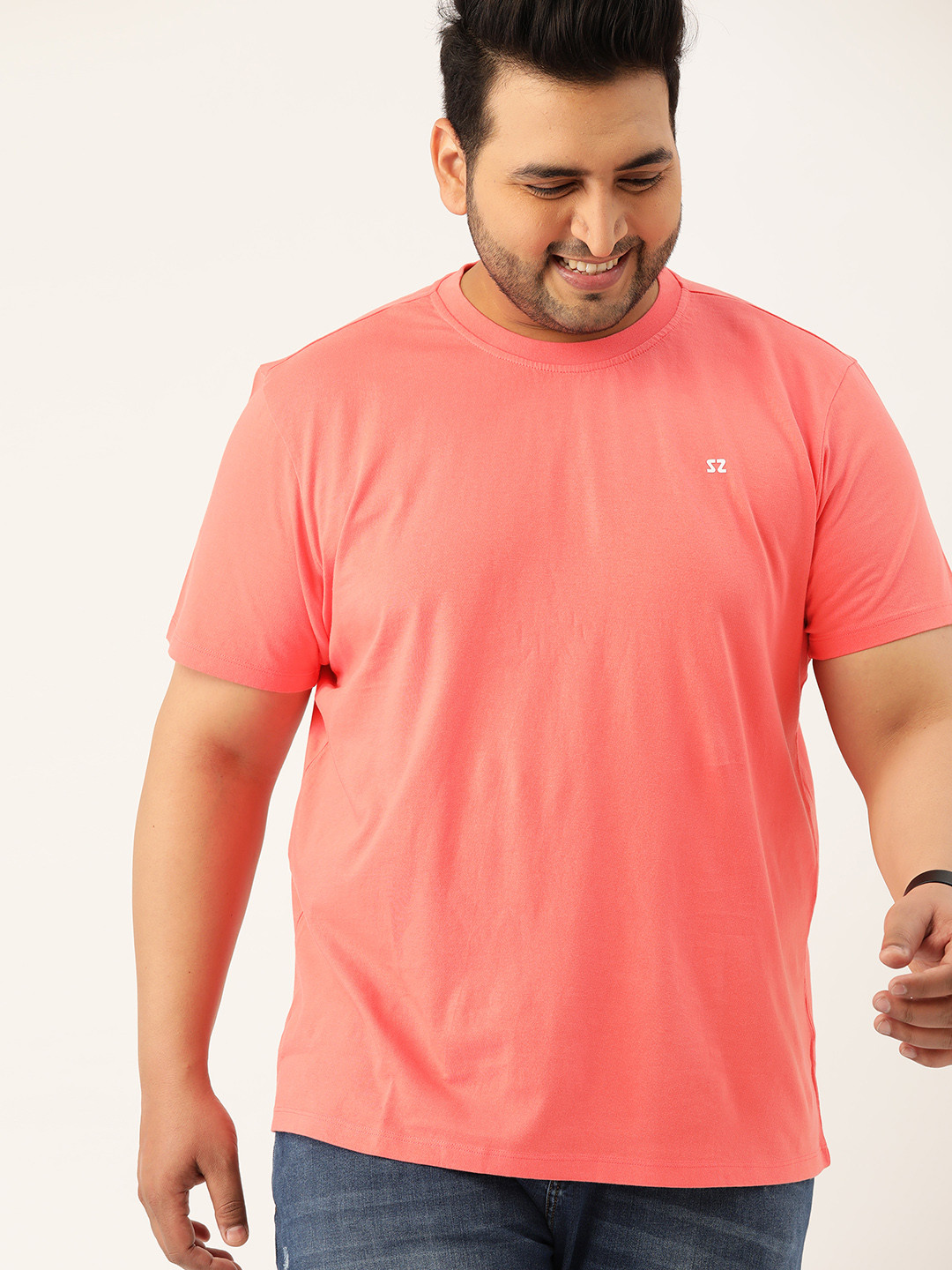 Buy Sztori Men Plus Size Peach Coloured Solid Round Neck Pure Cotton T Shirt - Tshirts for Men ...