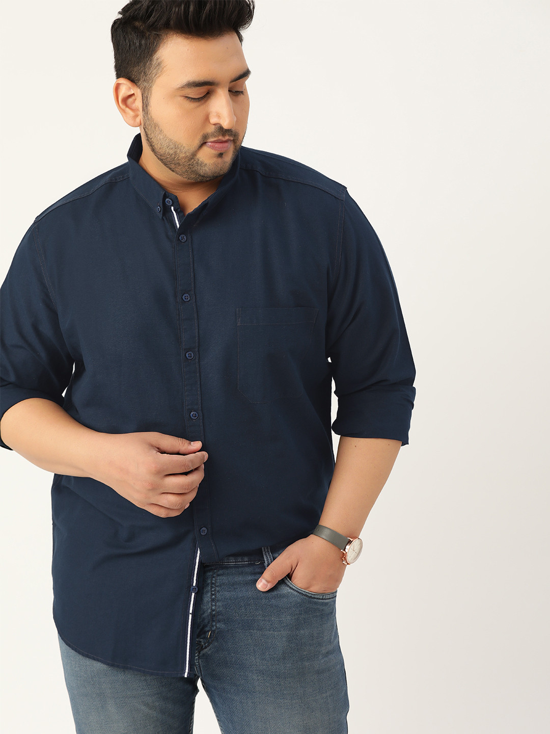 Buy Sztori Men Plus Size Navy Blue Regular Fit Pure Cotton Solid Casual ...