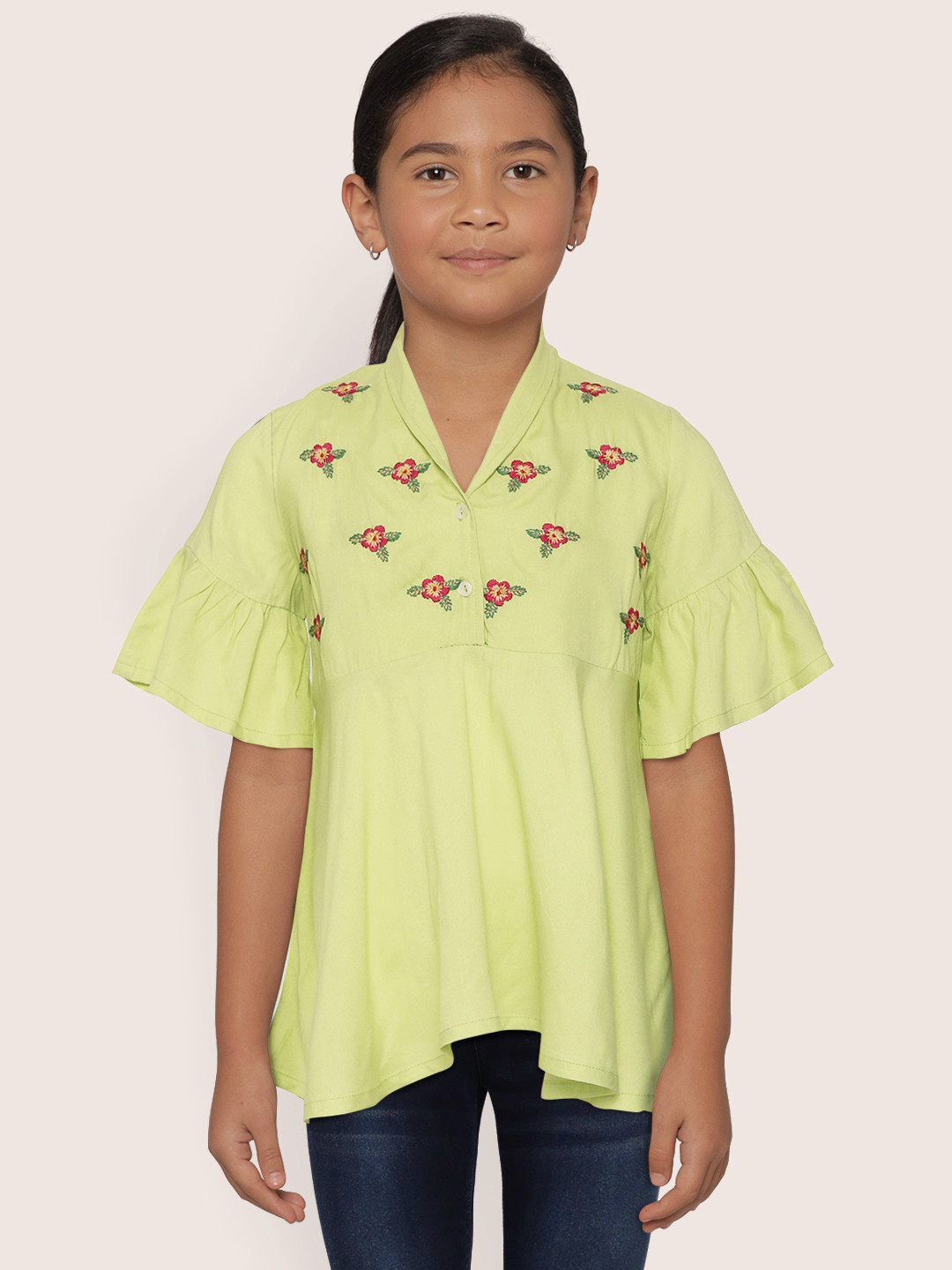Buy Sangria Girls Lime Green Floral Embroidered A Line Top - Tops for ...