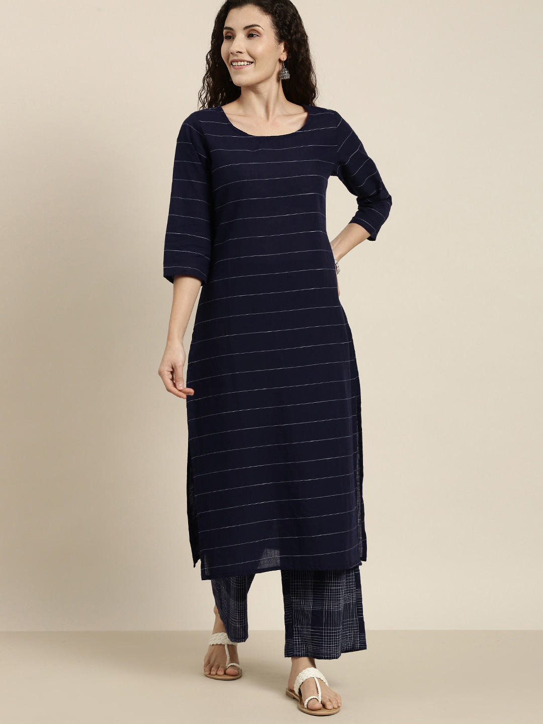 Buy Vishudh Women Navy Blue Striped Kurta With Palazzo - Kurta Sets for ...