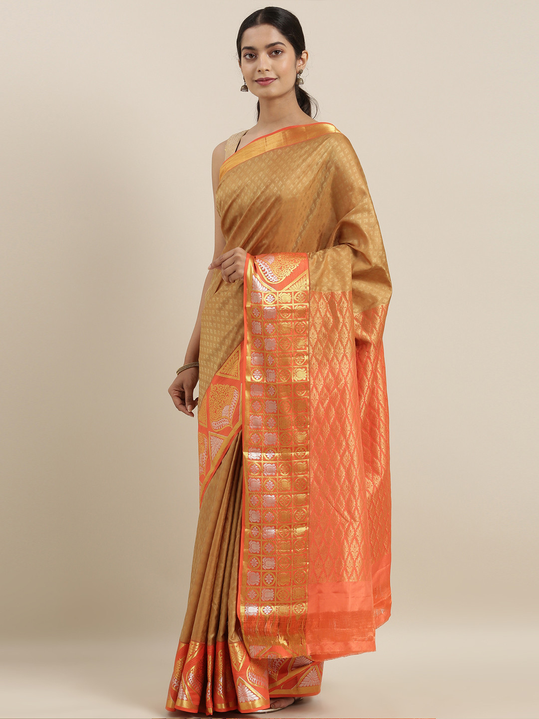 Buy The Chennai Silks Beige & Golden Pure Silk Woven Design Kanjeevaram ...