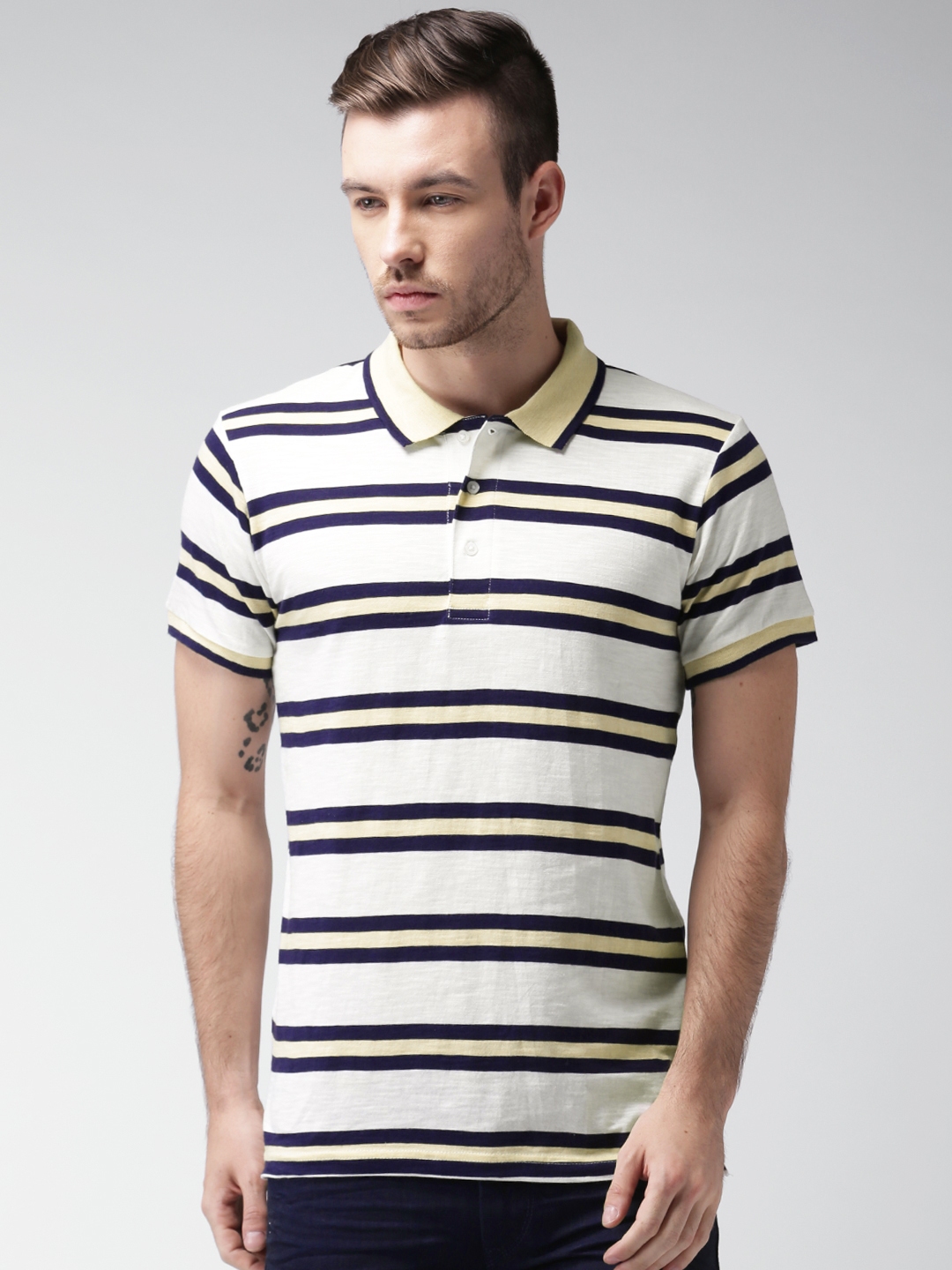 Buy Mast Harbour Men White Navy Striped Polo Pure Cotton T Shirt