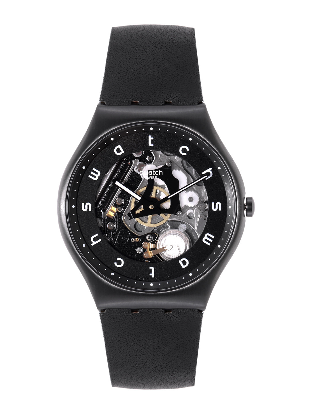 Buy Swatch Men Black Skeleton White Side Swiss Made Water Resistant ...