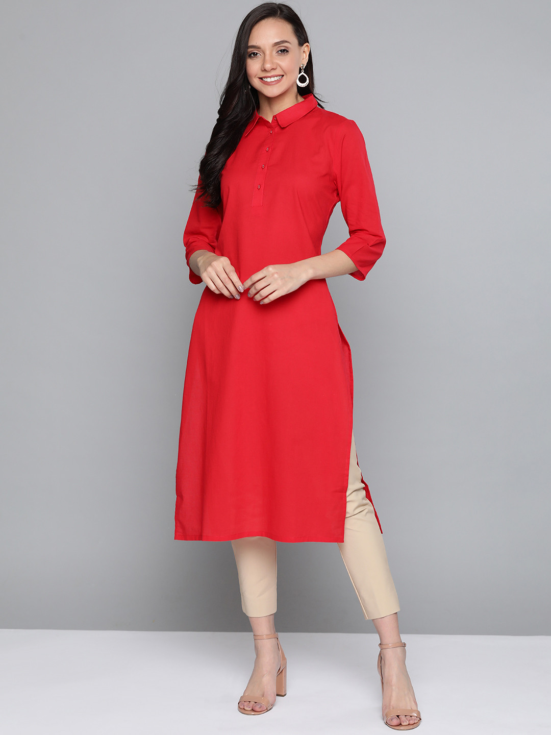 Buy HERE&NOW Women Red Pure Cotton Solid Straight Kurta - Kurtas for ...