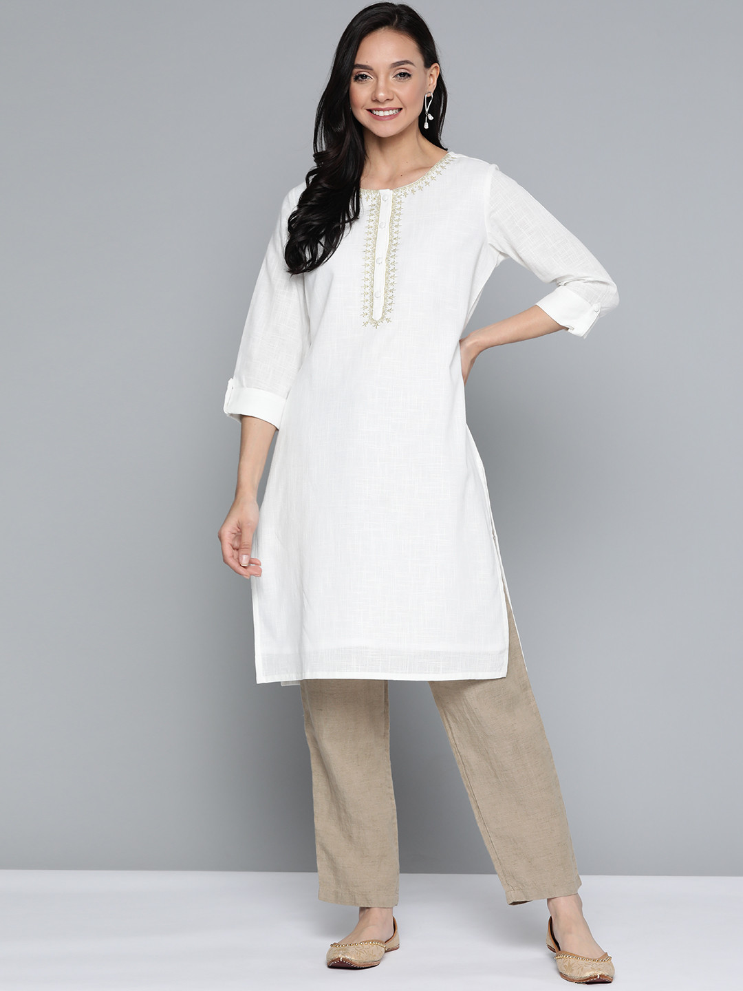 Buy HERE&NOW Women White & Golden Yoke Design Pure Cotton Straight ...