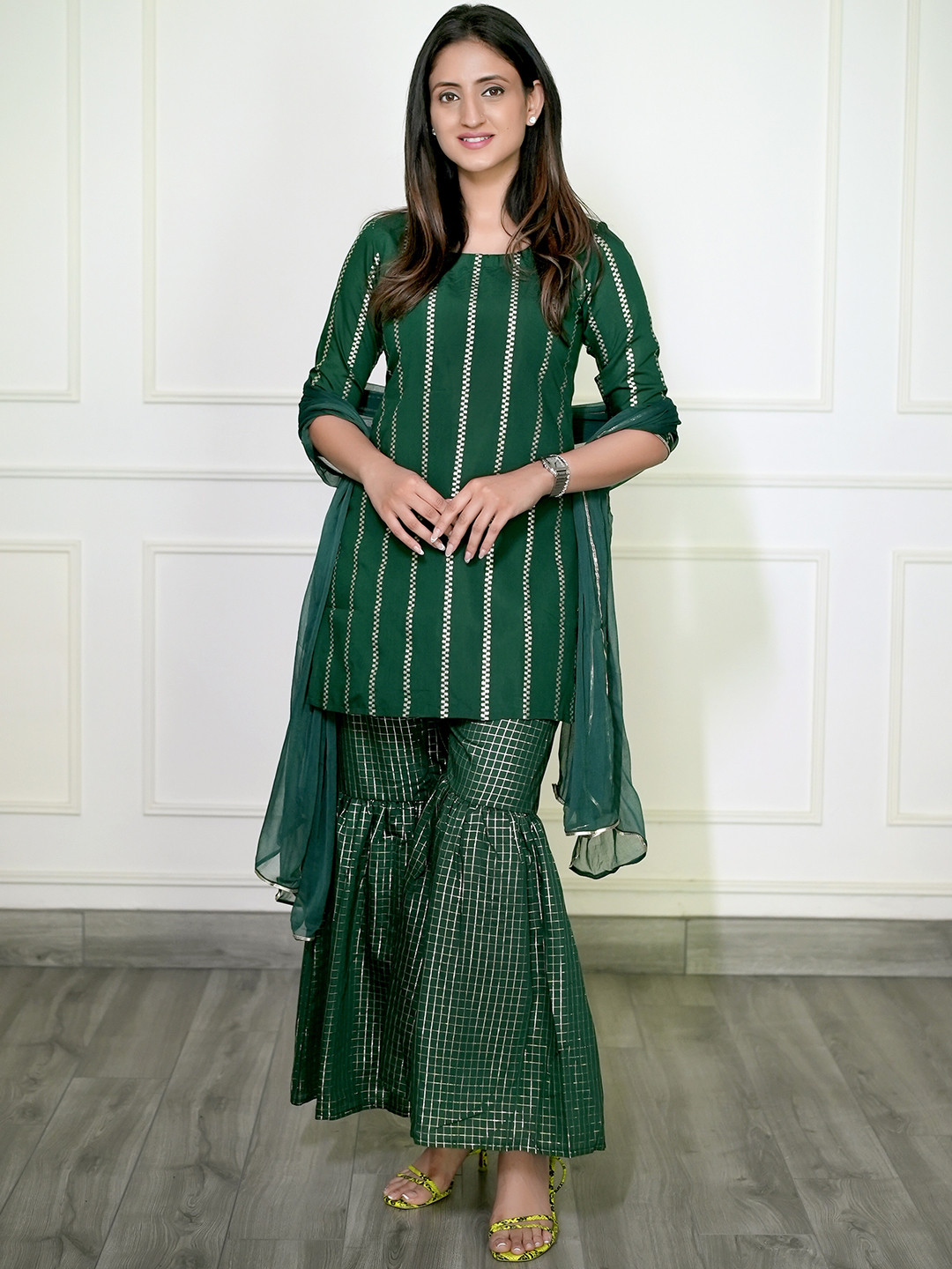 Buy Libas Green Striped Kurti With Sharara & Dupatta - Kurta Sets for ...