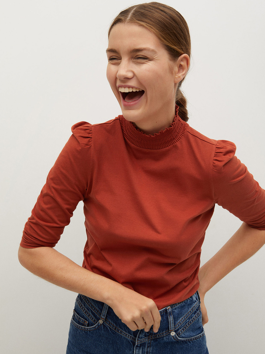 Buy MANGO Women Rust Red Organic Cotton Solid High Neck Organic Cotton ...