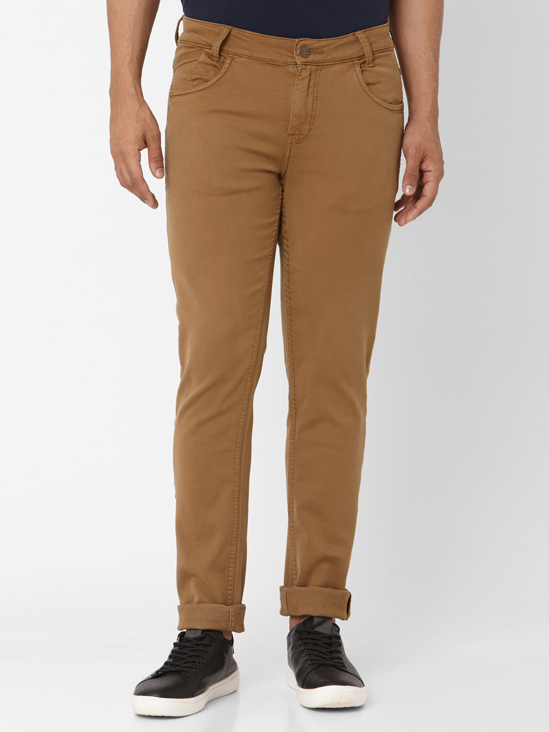 Buy Mufti Men Brown Skinny Fit Solid Regular Trousers - Trousers for ...