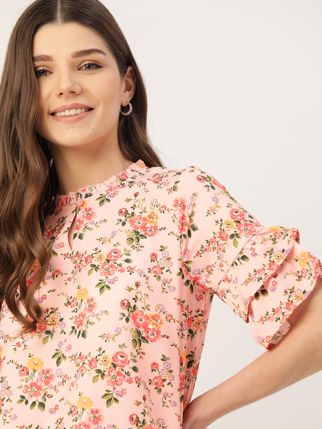 Buy Dressberry Peach Coloured And Green Floral Printed Keyhole Neck