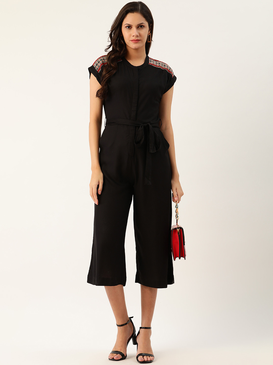 Buy Chemistry Women Black Solid Culotte Jumpsuit With Embroidery ...