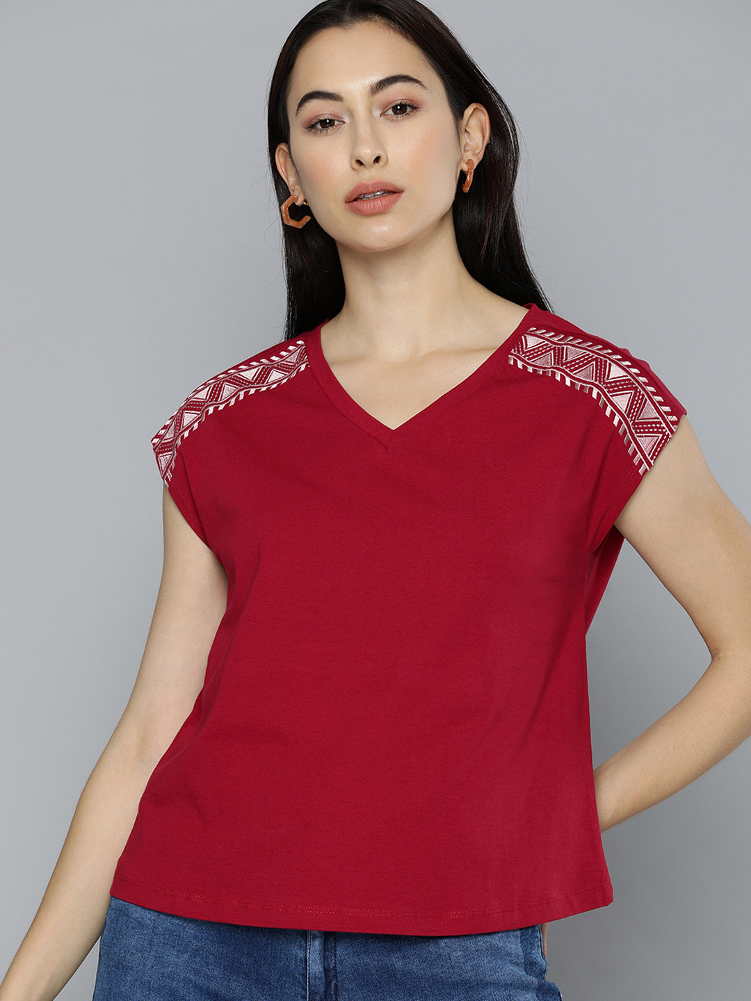 Buy Chemistry Women Red Solid V Neck Pure Cotton T Shirt With ...