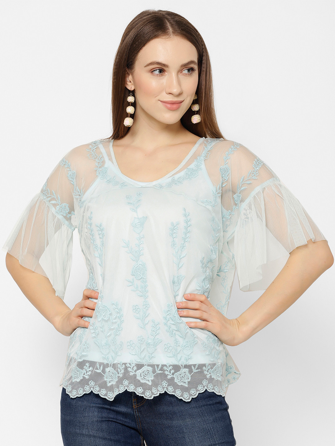 Buy HOUSE OF KKARMA Women Turquoise Blue Embroidered Top - Tops for ...