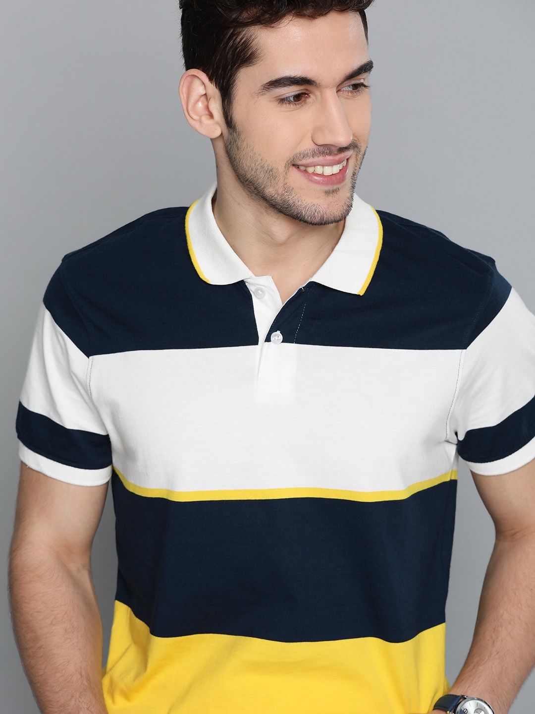Buy Mast And Harbour Men White And Navy Blue Pure Cotton Striped Polo