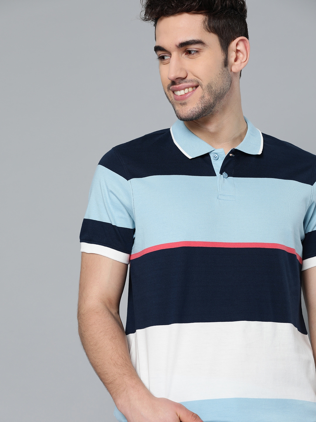 Buy Mast Harbour Men Blue White Striped Pure Cotton Polo Collar Pure