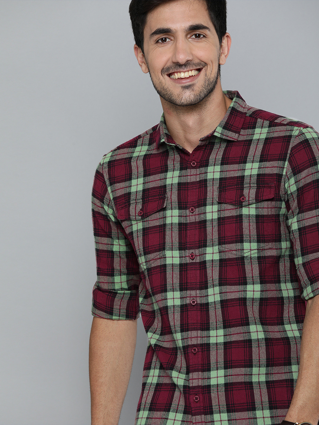 Buy HERE&NOW Men Magenta Pink & Green Slim Fit Checked Casual Shirt ...