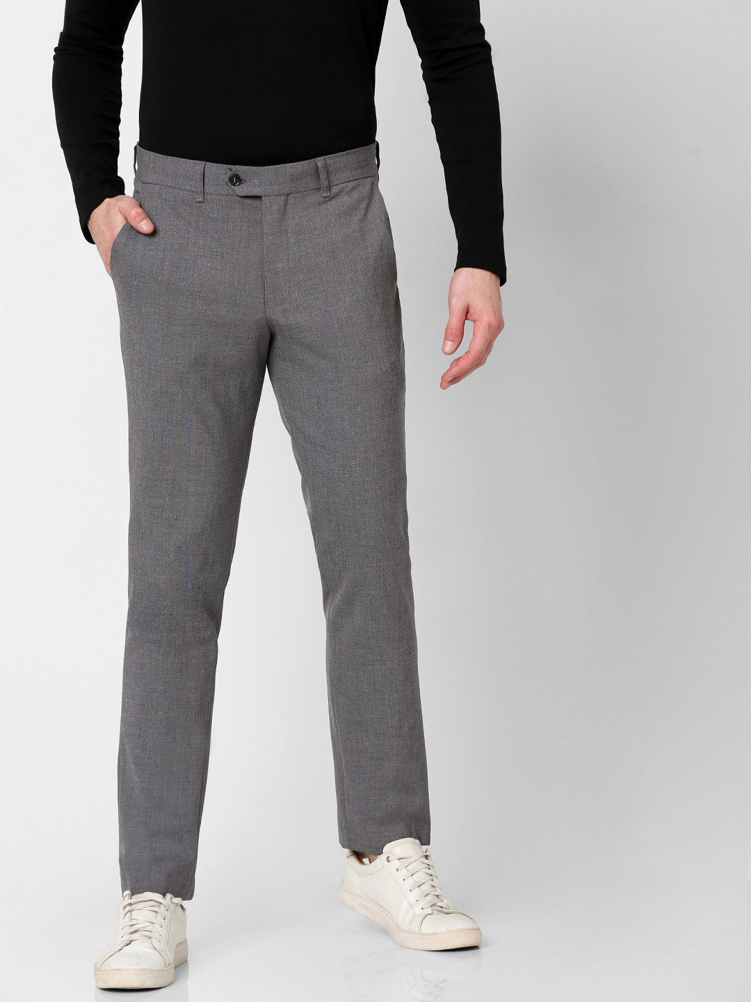 Buy SELECTED Men Grey Melange Slim Fit Smart Casual Trousers - Trousers ...