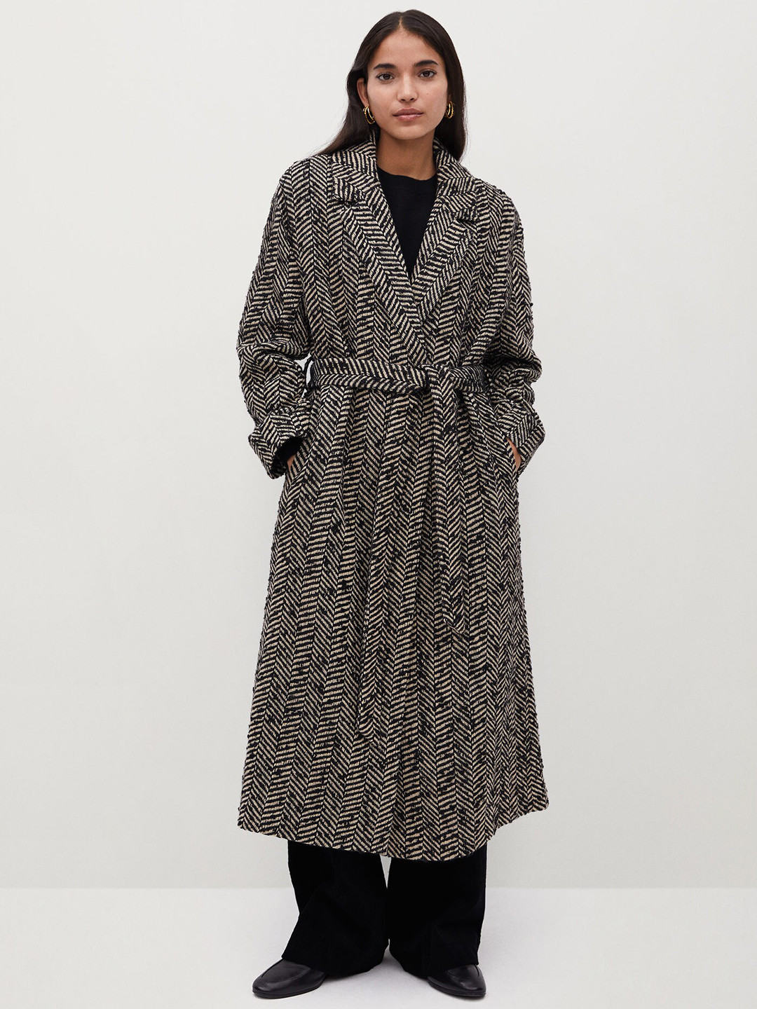 Buy MANGO Women Black & Off White Striped Overcoat - Coats for Women ...