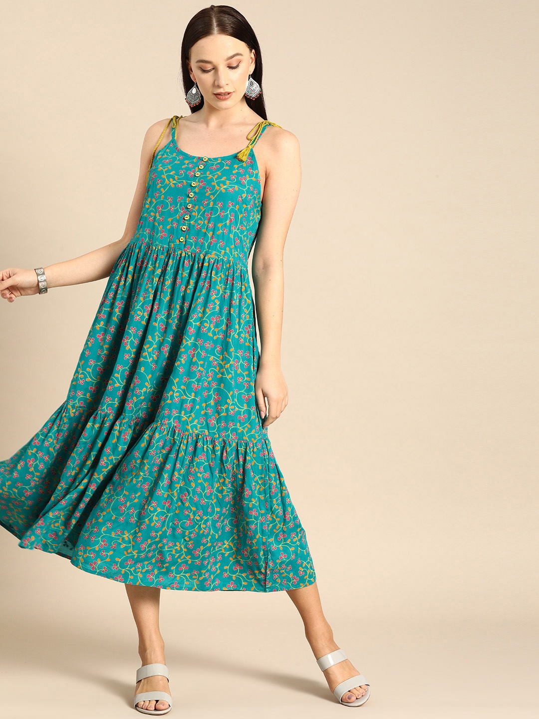 Buy Anouk Blue And Pink Ethnic Motifs Print Tiered A Line Midi Dress