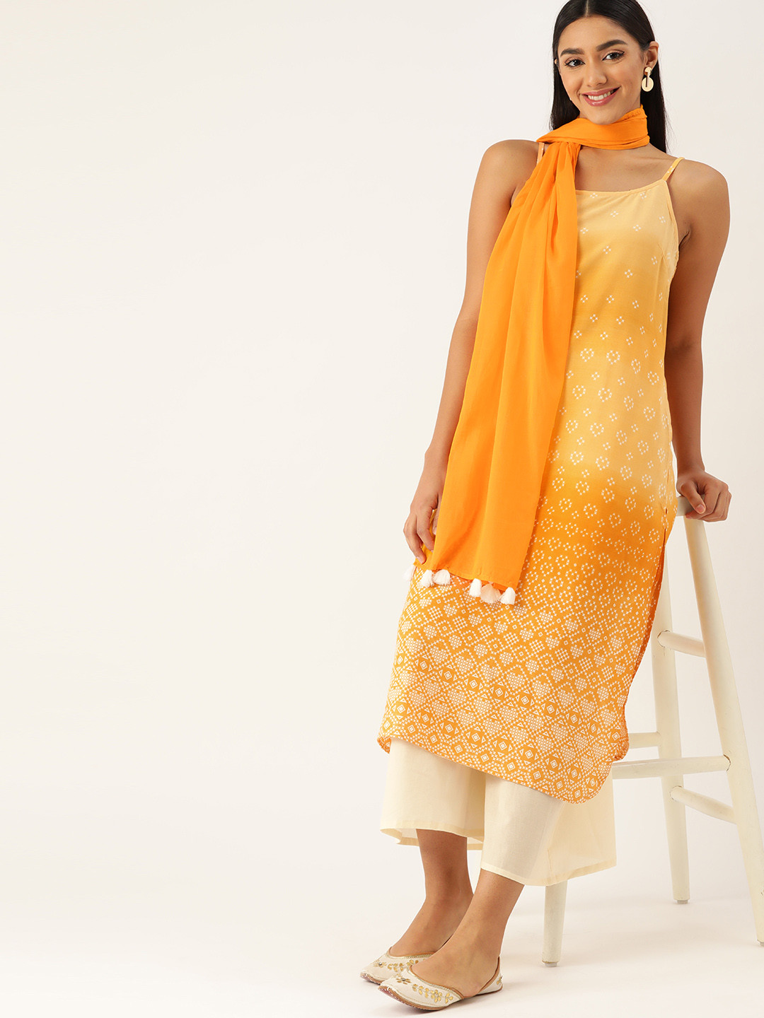 Buy Anouk Women Orange Printed Sustainable EcoVero Kurta With Palazzos ...