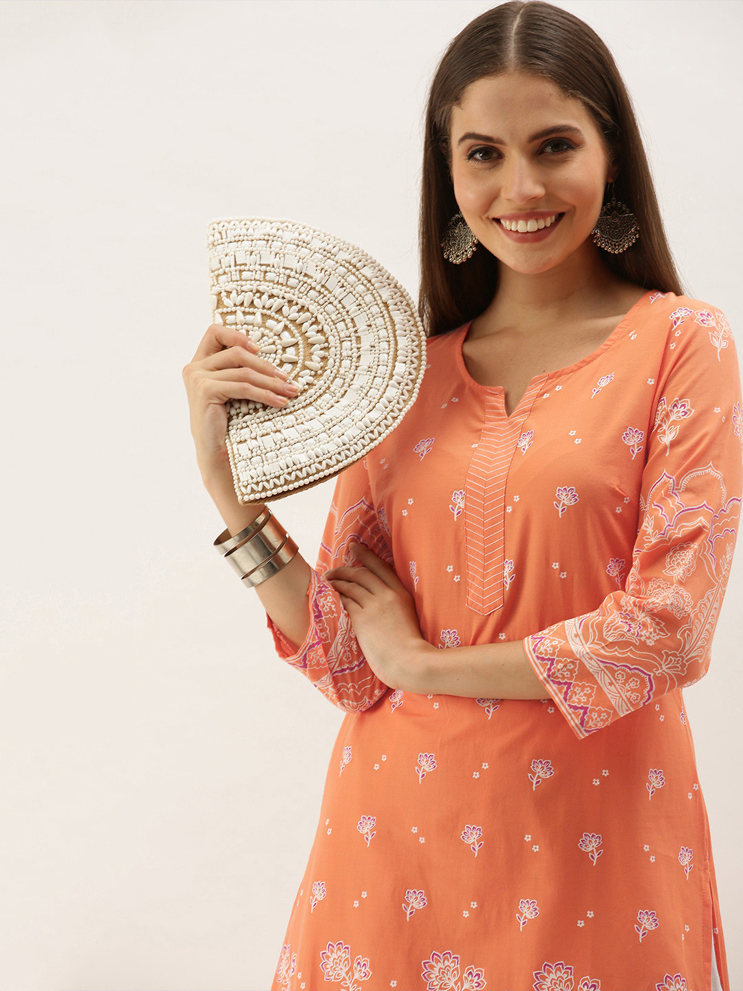 Buy Anouk Women Orange & White Printed Pure Cotton Kurta Set - Kurta ...