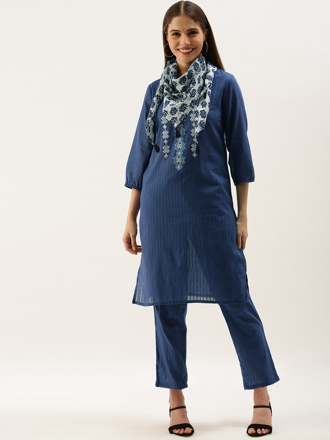Buy Anouk Women Blue Striped Pure Cotton Kurta Sets - Kurta Sets for ...