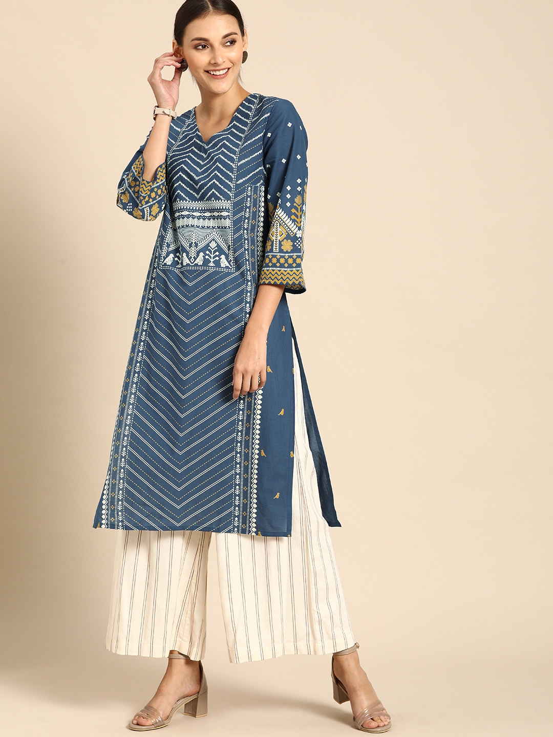 Buy Anouk Women Blue And White Ethnic Motifs Printed Pure Cotton Kurta