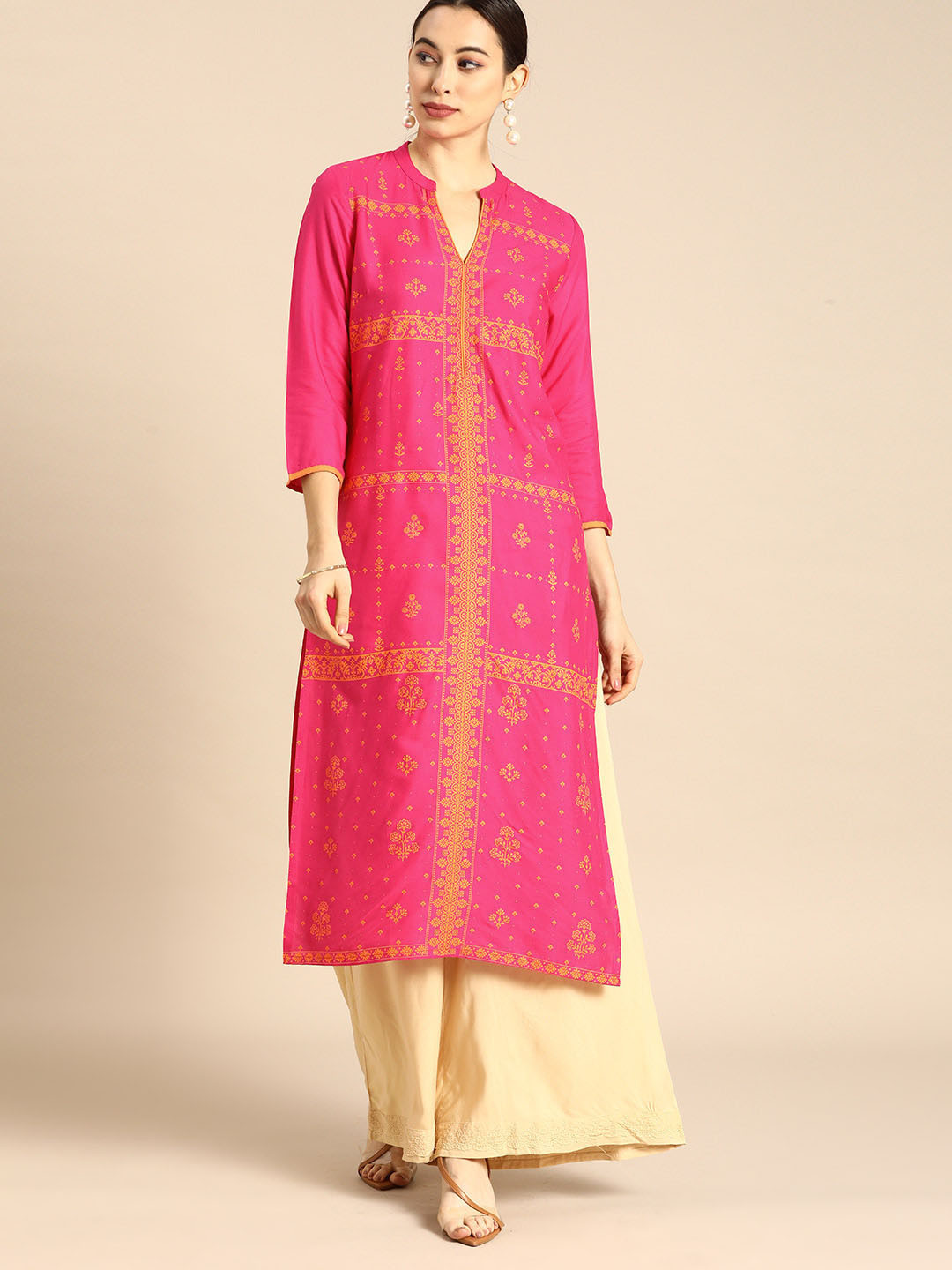 Buy Anouk Women Pink & Orange Ethnic Motifs Print Straight Kurta ...