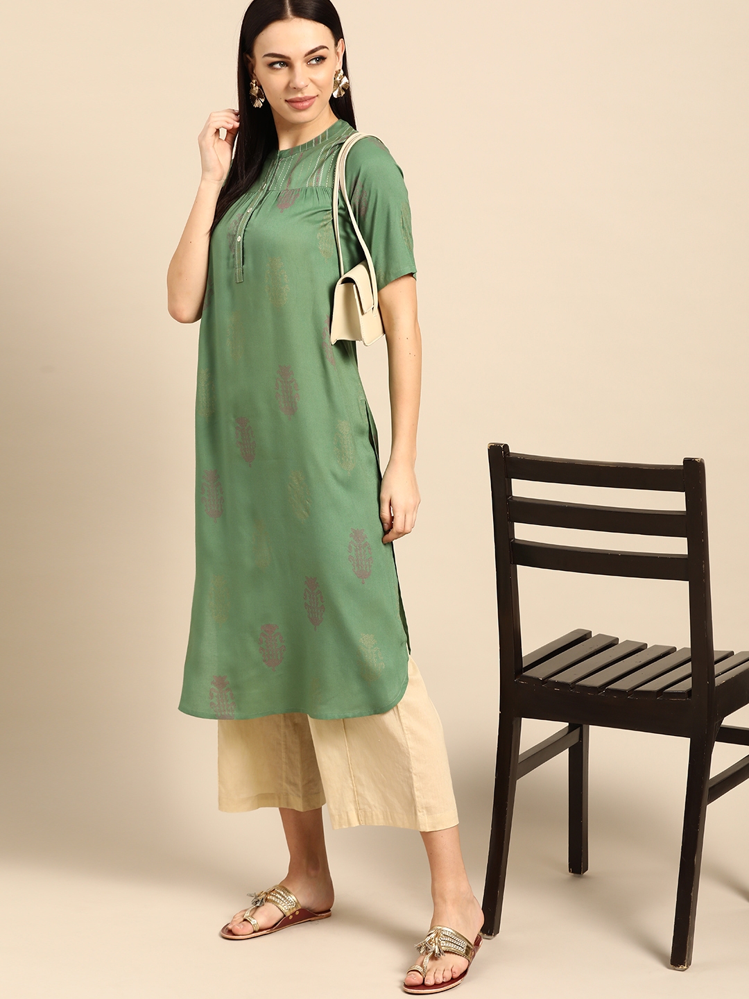 Buy Anouk Women Green And Pink Ethnic Motifs Printed Pure Cotton Straight