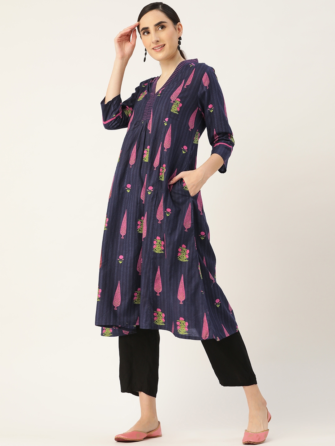 Buy Anouk Women Navy Blue And Pink Pure Cotton Ethnic Motifs Print