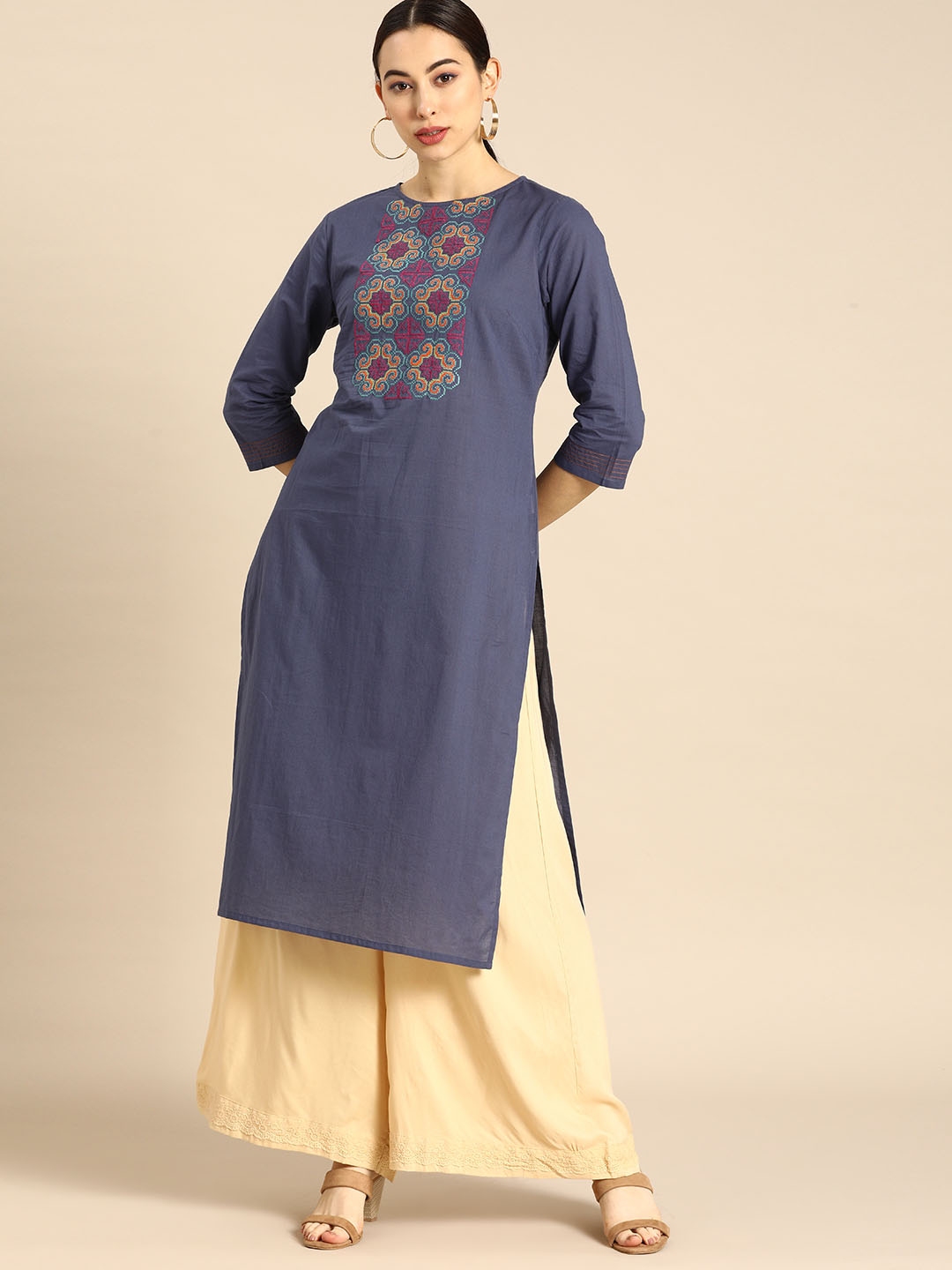 Buy Anouk Women Navy Blue And Pink Ethnic Motifs Yoke Design Thread Work