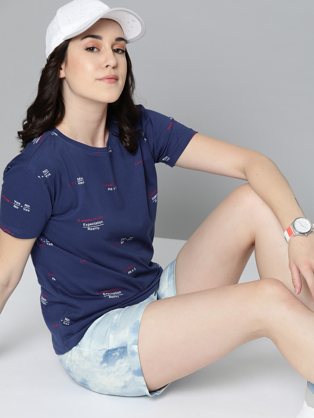 Buy Harvard Women Navy Blue White Printed Round Neck Pure Cotton T ...