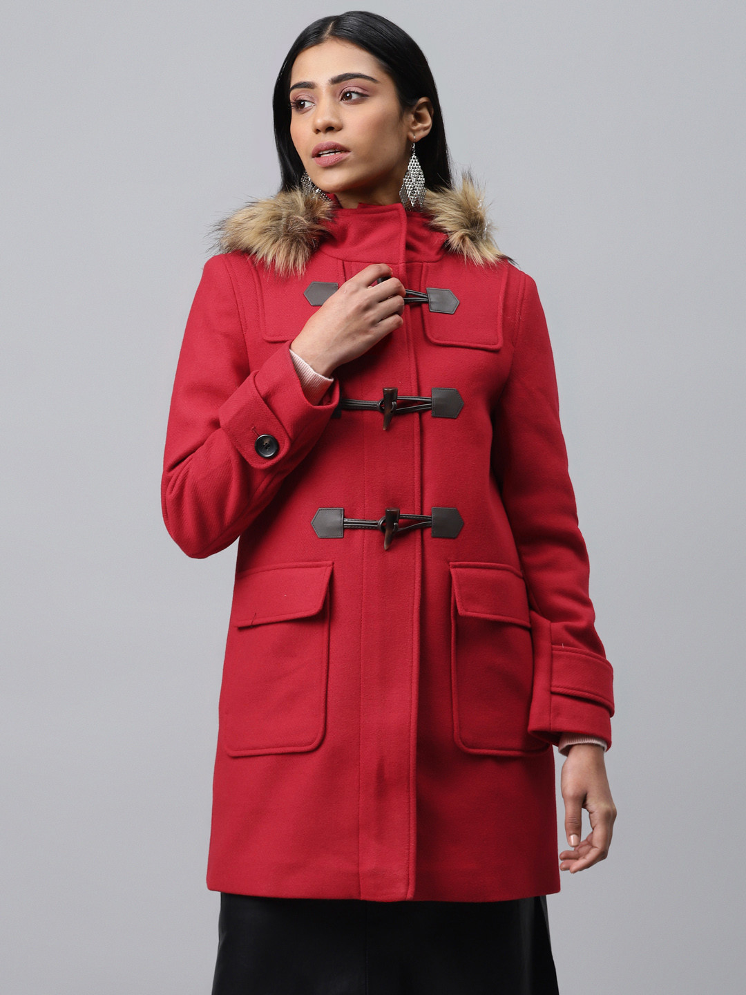 Buy Marks & Spencer Women Red Solid Hooded Longline Duffle Coat - Coats ...