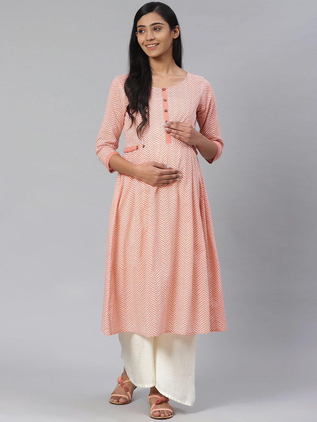 Buy Anayna Women Peach Coloured & Off White Printed Pure Cotton Feeding ...