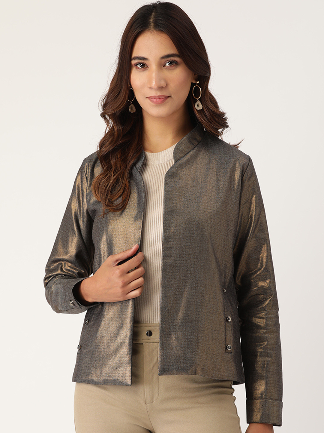 Buy Cottinfab Women Golden Sheen Effect Lightweight Open Front Jacket ...