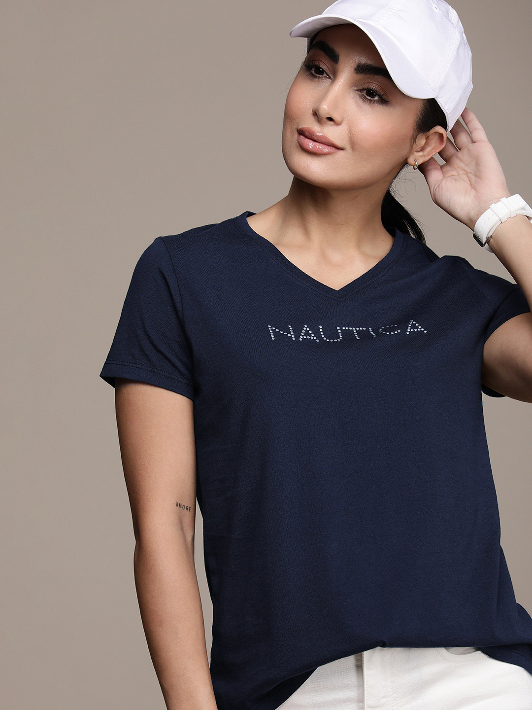 Buy Nautica Women Navy Blue & White Pure Cotton Printed V Neck T Shirt ...
