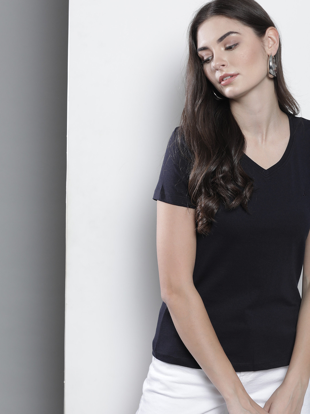 Buy Nautica Women Navy Blue Solid V Neck T Shirt - Tshirts for Women ...