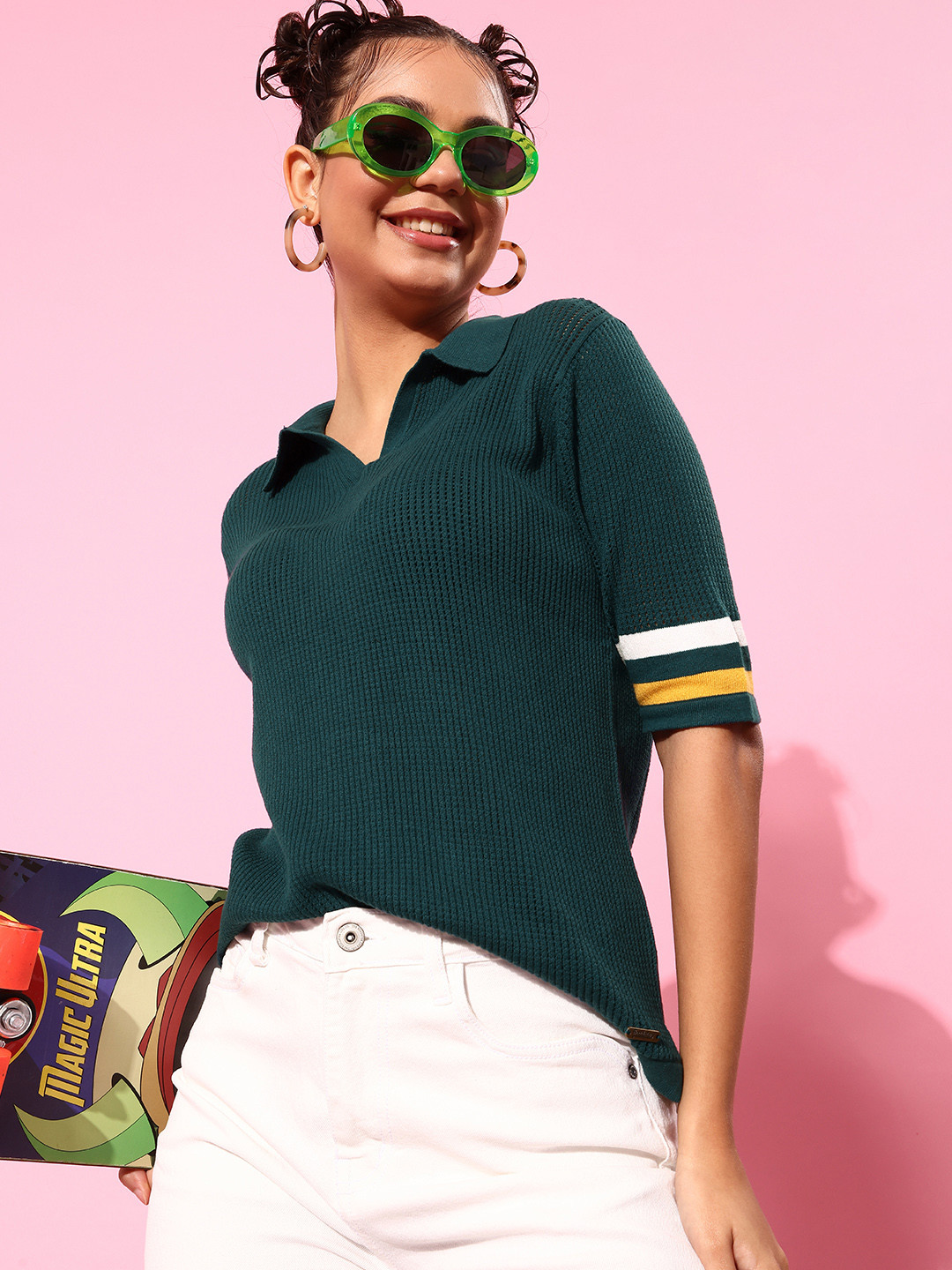 Buy Roadster Teal Self Design Whipped For Varsity Top - Tops for Women ...