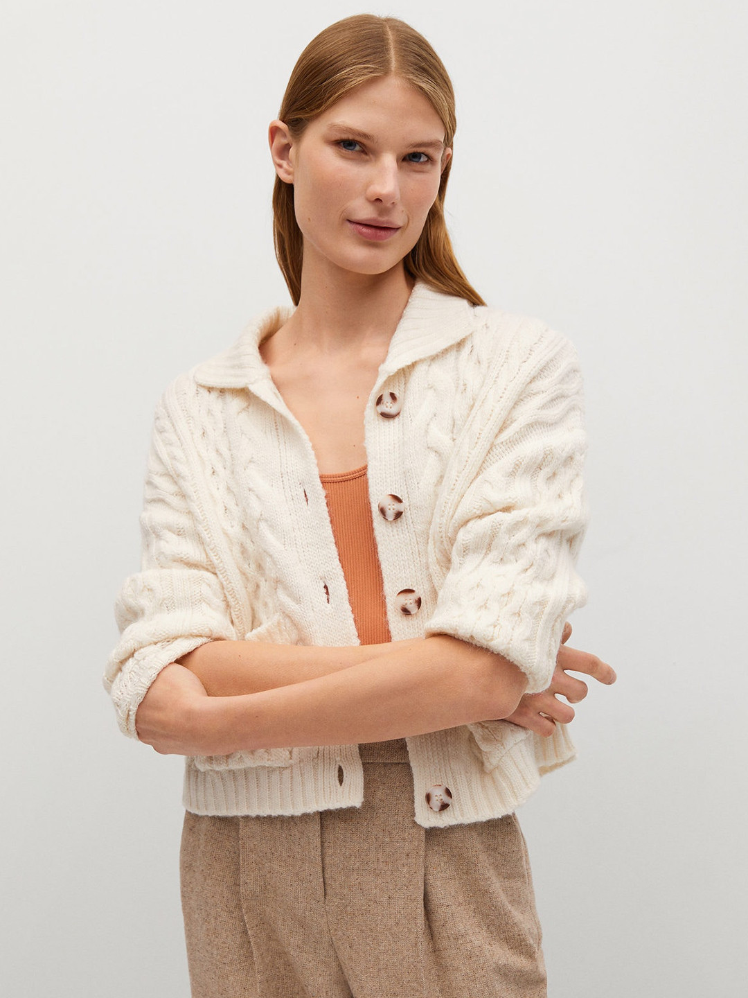 Buy MANGO Women Off White Cable Knit Cardigan - Sweaters for Women ...