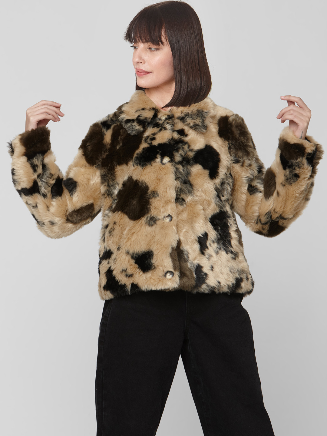 Buy Vero Moda Women Brown & Black Printed Tailored Faux Fur Jacket ...