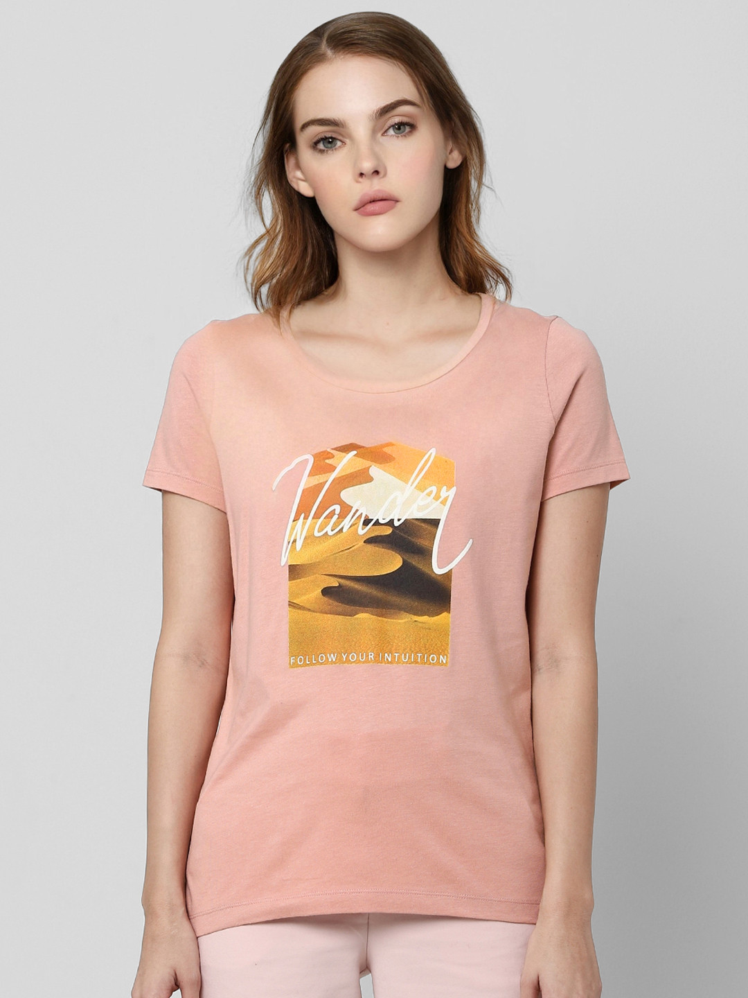 Buy Vero Moda Women Peach Coloured Printed Round Neck T Shirt - Tshirts ...