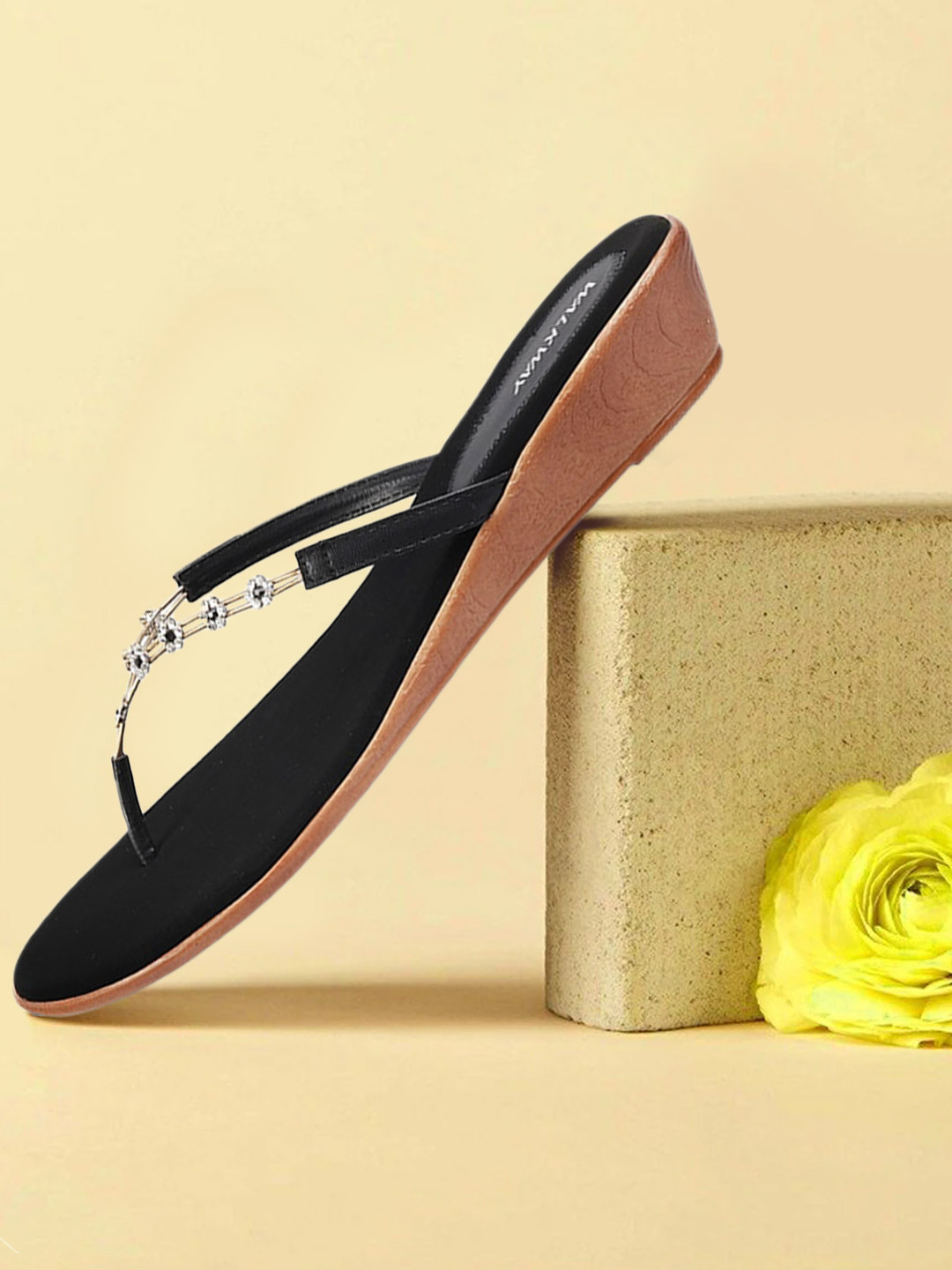 Buy WALKWAY By Metro Women Black & Gold Toned Embellished Sandals ...