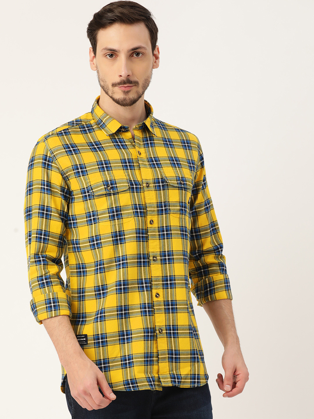 Buy RED & BLUE Men Yellow & Blue Slim Fit Pure Cotton Checked Casual ...
