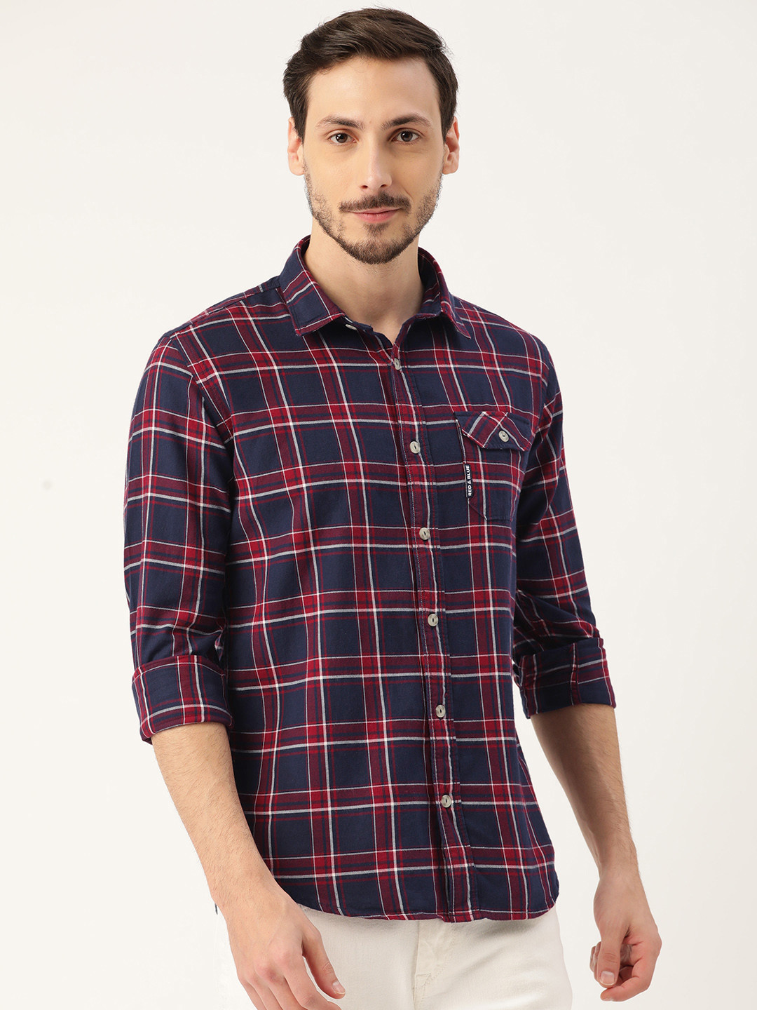 Buy RED & BLUE Men Navy Blue & Maroon Slim Fit Pure Cotton Checked ...