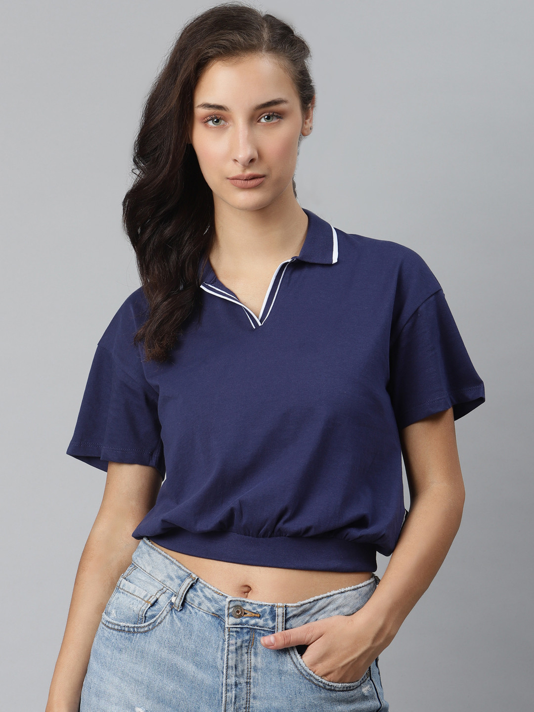 Buy The Roadster Lifestyle Co Navy Blue Solid Cropped Blouson Top ...