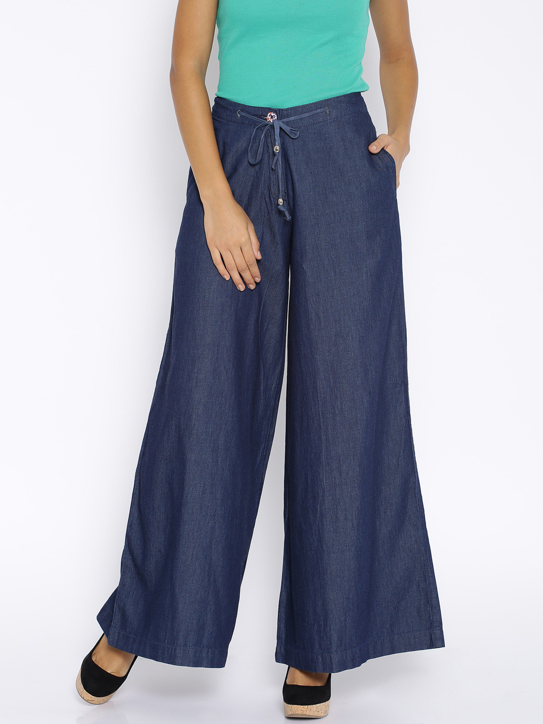 Buy Global Desi Navy Denim Palazzo Trousers - Palazzos for Women ...