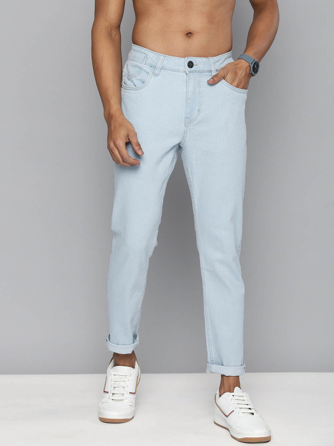 Buy Kook N Keech Men Blue Tapered Fit Mid Rise Clean Look Stretchable ...