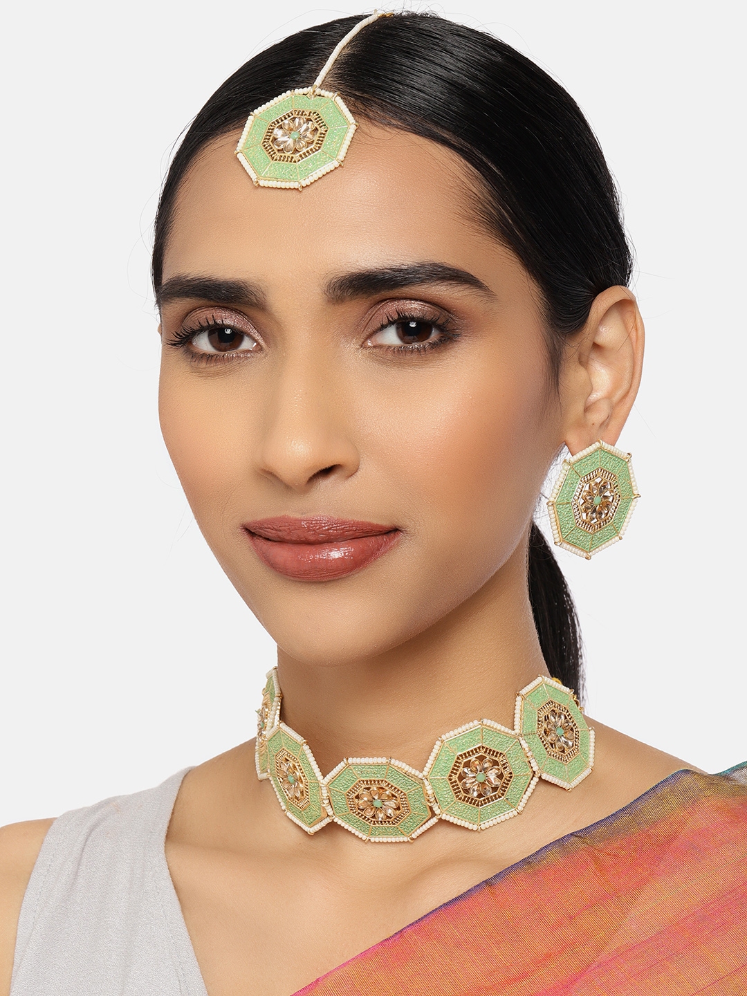Buy Zaveri Pearls Green Gold Plated Meenakari Jewellery Set Jewellery