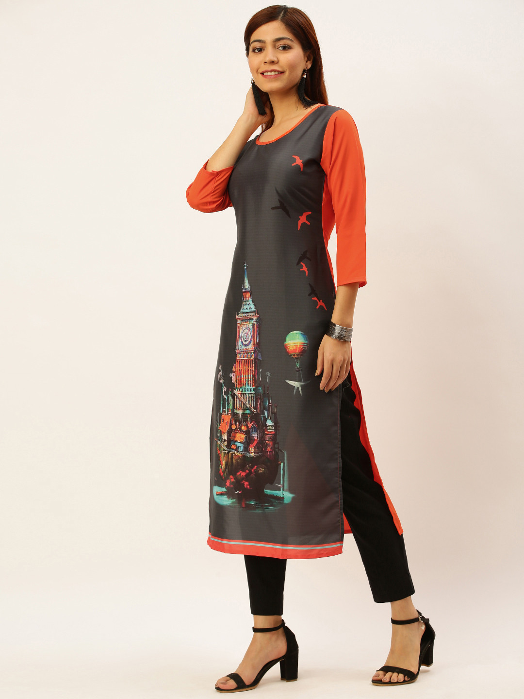 Buy Rajnandini Women Charcoal Grey & Orange Graphic Printed Straight ...