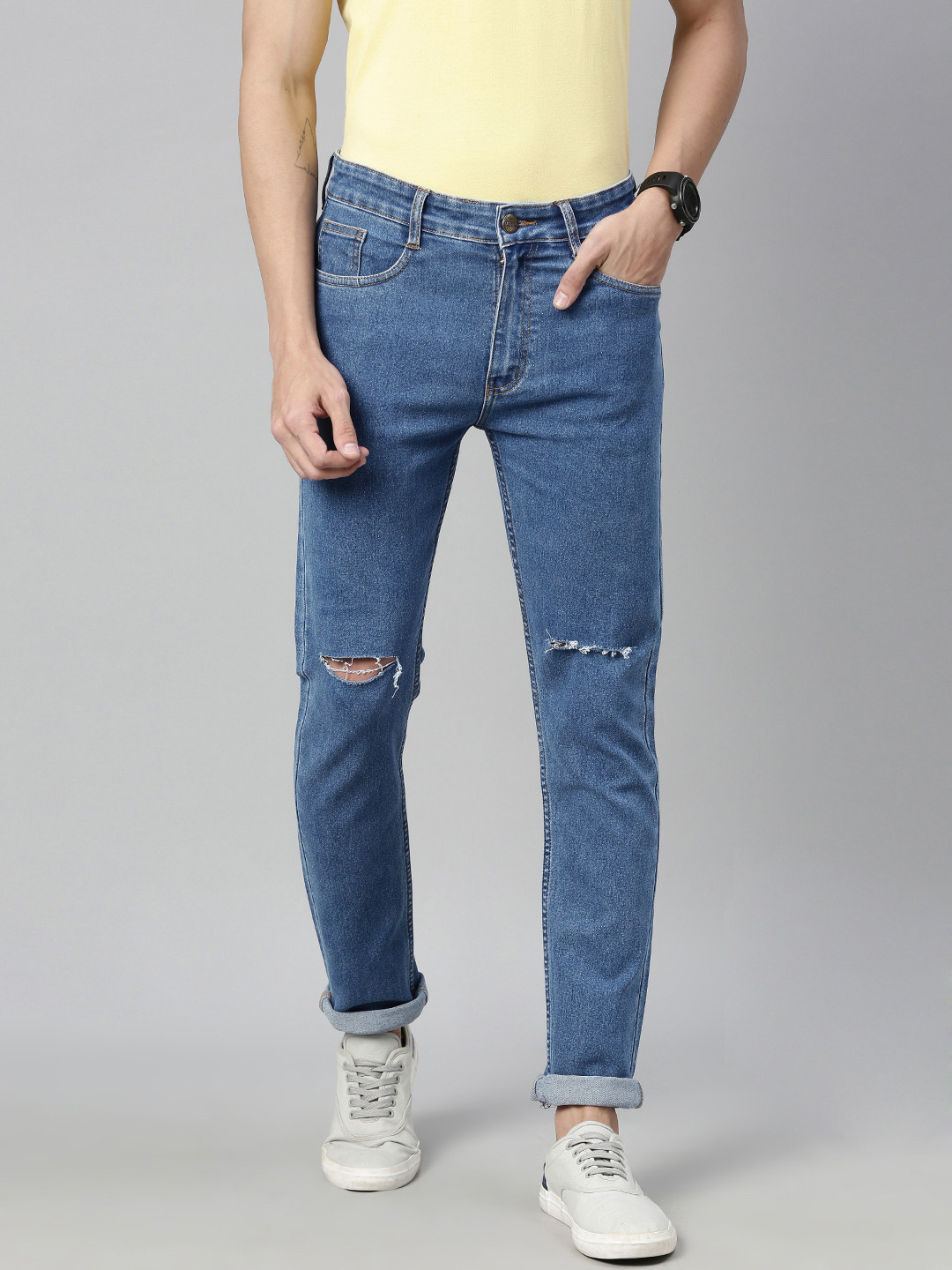 Buy Urbano Fashion Men Blue Slim Fit Mid Rise Slash Knee Stretchable ...